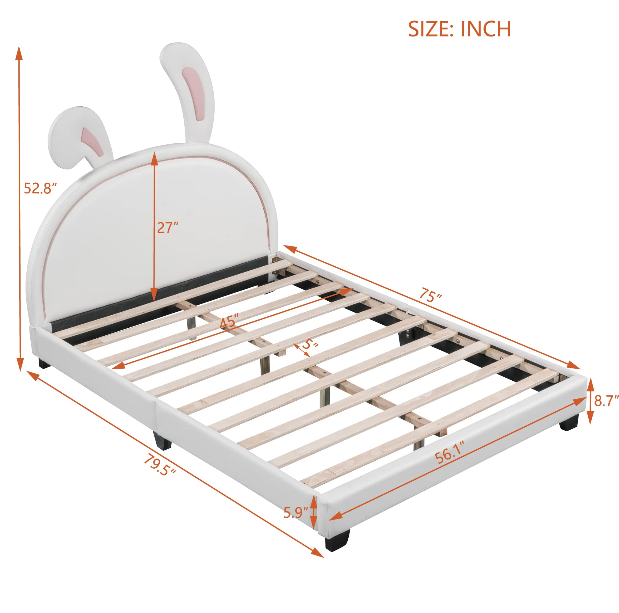 Merax Full Size Upholstered Leather Platform Bed with Bunny Ears Headboard, Platform Bed Frame with Rabbit Ornament for Kids, Child's Bedroom, No Box Spring Needed, White