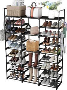 piggy-g 9 tiers shoes rack for entryway, shoe organizer with hook rack, shoe storage shelf organizer stackable long shoe shelf for hallway entryway, closet, garage, bedroom, cloakroom