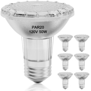 par20 bulbs, 6 pack 120v 50w par20 halogen light bulbs 2500 lumens high output, dmimable reflector par20 flood bulb for recessed light, track light, range hood light, e26 medium base, warm white