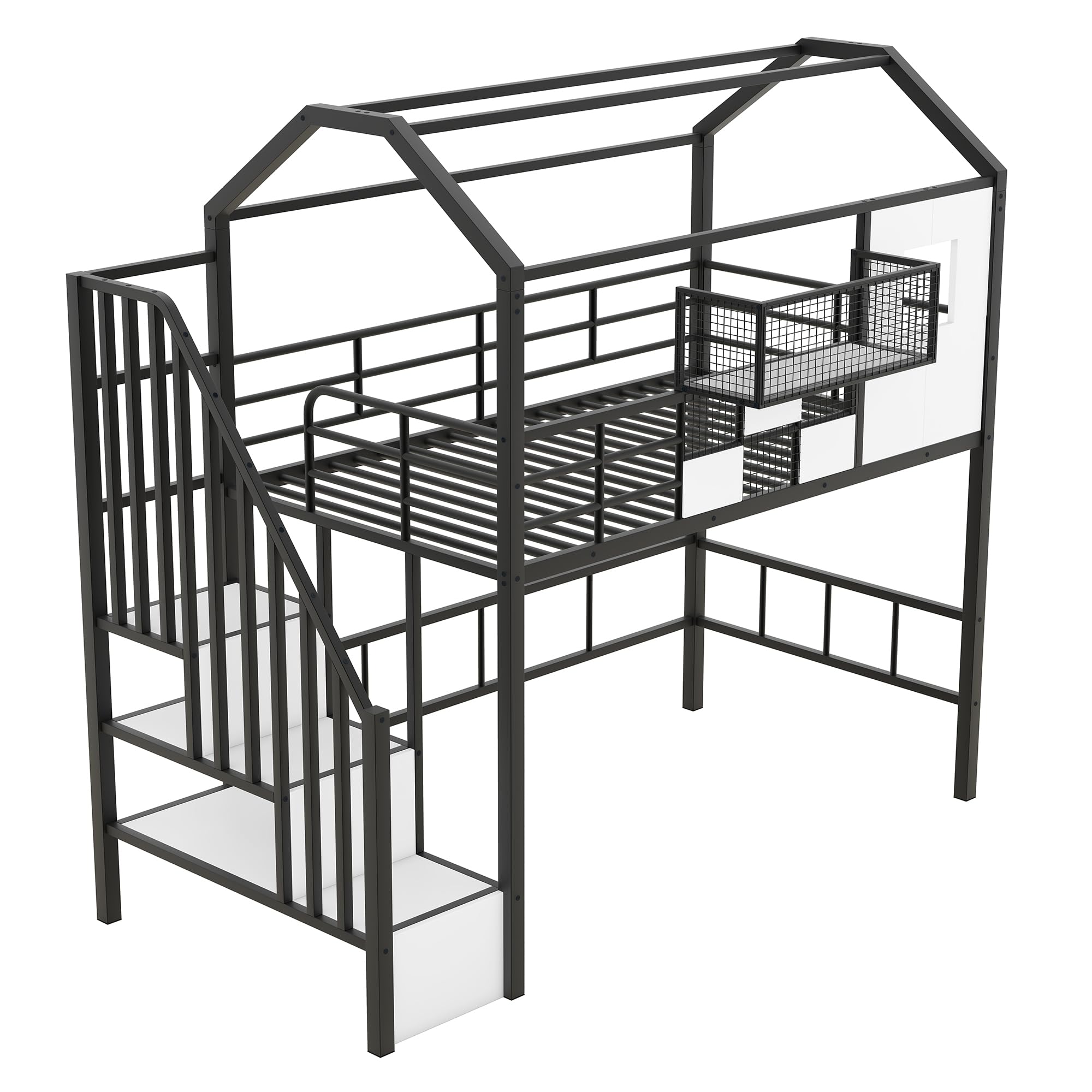 Kids Twin Low Loft Bed with Stairs, Metal Twin House Loft Bed with Storage Shelves, Roof & Safety Guardrail, Twin Low Loft Bed Frame for Kids, Teens, Girls & Boys (Black)