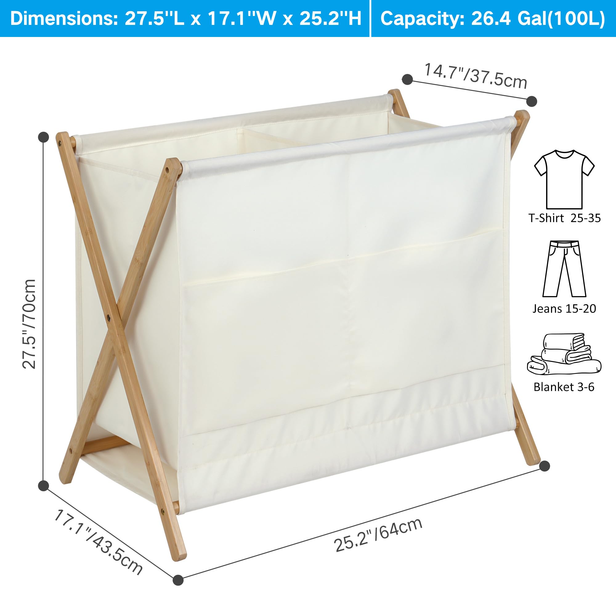 efluky Double Laundry Basket, Bamboo X Frame Laundry Basket for Dirty Clothes, 2 Section Laundry Basket for Bathroom, Bedroom & Laundry Room, 100L (26.4 Gallon) Beige