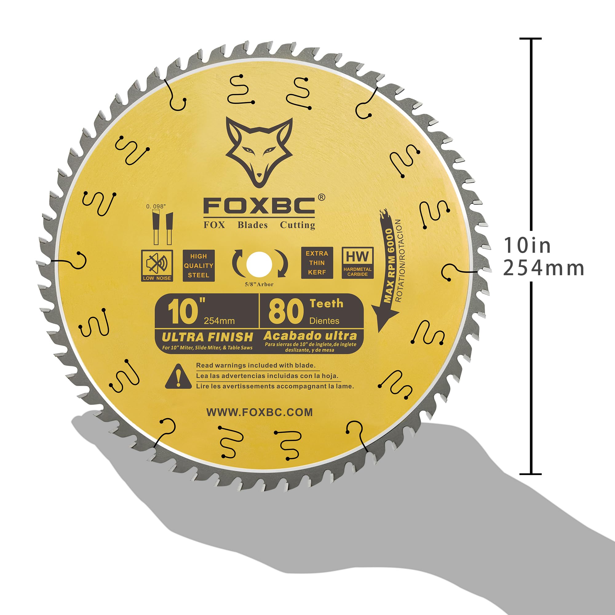 FOXBC 10-Inch Table Saw Blade, 80-Tooth, Ultra Finish Wood Cutting, 5/8-Inch Arbor