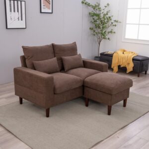 Panana 54.5" Wide Sofa Loveseat with Ottoman, Compact 2 Seater Couch for Small Speace Living Room (Brown Linen, Track arm with Storage Side Pockets)