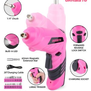 URASISTO Pink Household Tool Set with 3.6V USB Electric Screwdriver, 136 PCS Home Tool Kit with Cordless Lithium-ion Drill Driver, Hand Tool Kits for Women