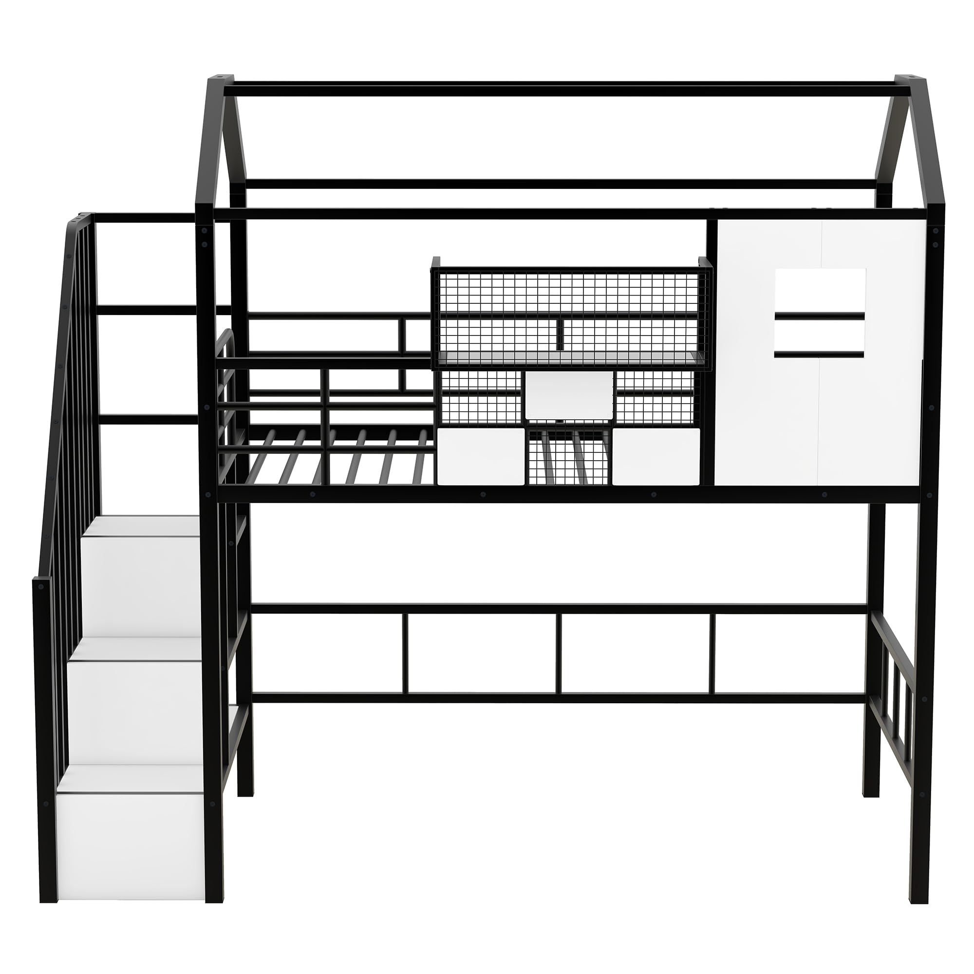 Kids Twin Low Loft Bed with Stairs, Metal Twin House Loft Bed with Storage Shelves, Roof & Safety Guardrail, Twin Low Loft Bed Frame for Kids, Teens, Girls & Boys (Black)