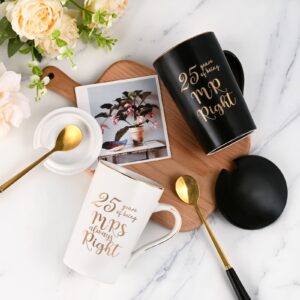 YHRJWN 25th Anniversary Presents, 25th Wedding Anniversary Presents for Couple Parents, 25th Mr Right Mrs Always Right Coffee Mugs, His and Hers Gifts, 14 Oz with Lids, Spoons and Gift Box