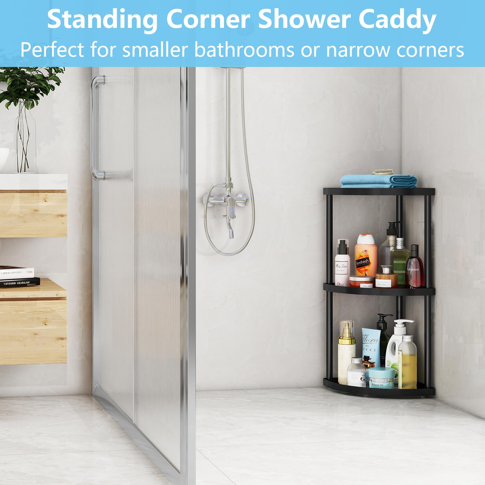 Taaji Standing Shower Caddy Corner, Metal Shower Shelf Caddy Stand Organizer Shampoo, 3 Tier Shower Stands for Inside Shower, Bathroom, Bathtub Corner, Black