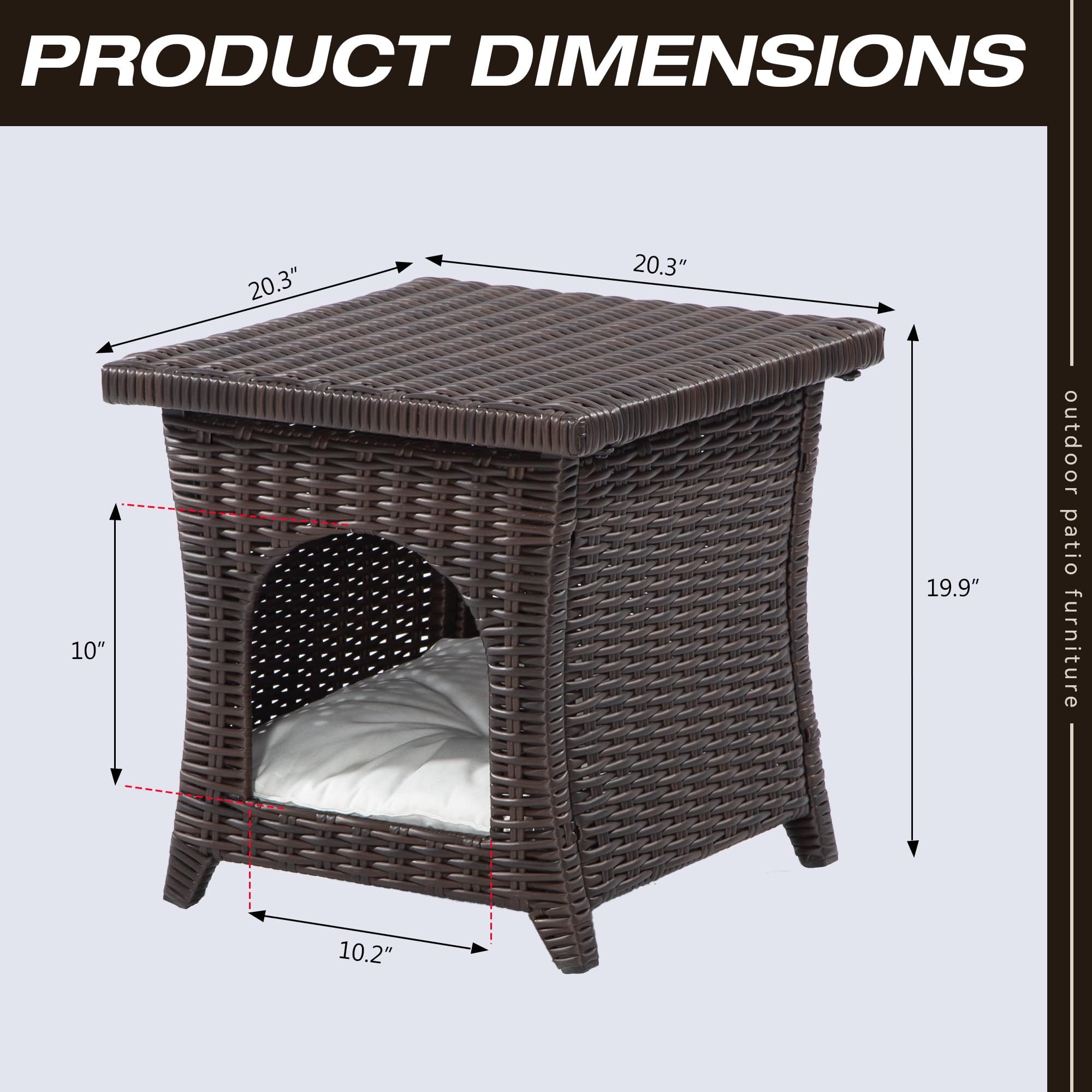 Gardenbee Patio End Table, Wicker Side Table and Cat Bed with A Cushion for Cats, Hand-Woven PE Wicker and Thick Cushion