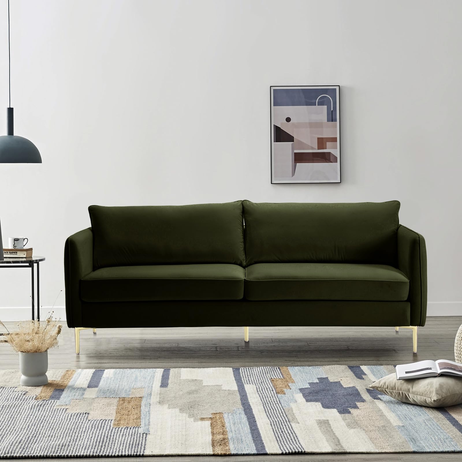 RXRRXY Modern 85” Velvet Loveseat Sofa Couch, Mid-Century Love Seat Sofa for Living Room, Oversized 2 Seater Couches Sofa with Square Arm and 5 Sturdy Metal Legs for Living Room, Bedroom (Olive Green)