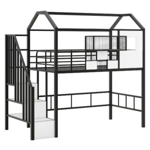 Kids Twin Low Loft Bed with Stairs, Metal Twin House Loft Bed with Storage Shelves, Roof & Safety Guardrail, Twin Low Loft Bed Frame for Kids, Teens, Girls & Boys (Black)