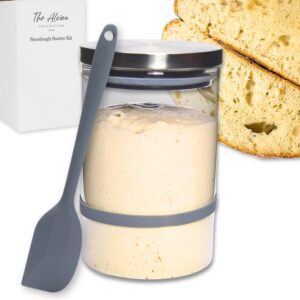 alvina collection sourdough starter jar kit (34 oz) - large sourdough glass jar w/ss steel lid, spatula & tracker band - dishwasher safe, wide mouth sourdough - ideal sourdough starter kit beginners