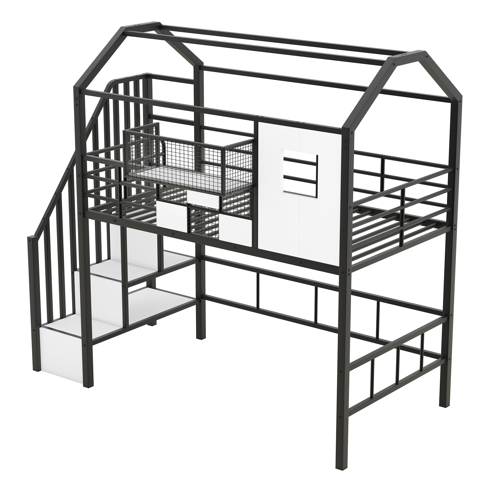 Kids Twin Low Loft Bed with Stairs, Metal Twin House Loft Bed with Storage Shelves, Roof & Safety Guardrail, Twin Low Loft Bed Frame for Kids, Teens, Girls & Boys (Black)