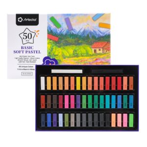 artecho 50pcs soft pastels, 48 colors including 4 fluorescent colors, extra free black & white, square chalk for drawing, blending, layering, shading, pastels art supplies