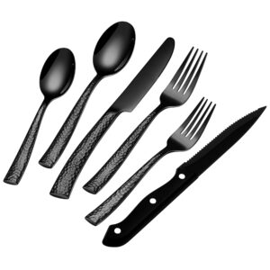 euirio 48-piece black hammered silverware set for 8, stainless steel flatware set with steak knives, mirror polished tableware cutlery set, include forks spoons and knives set, dishwasher safe