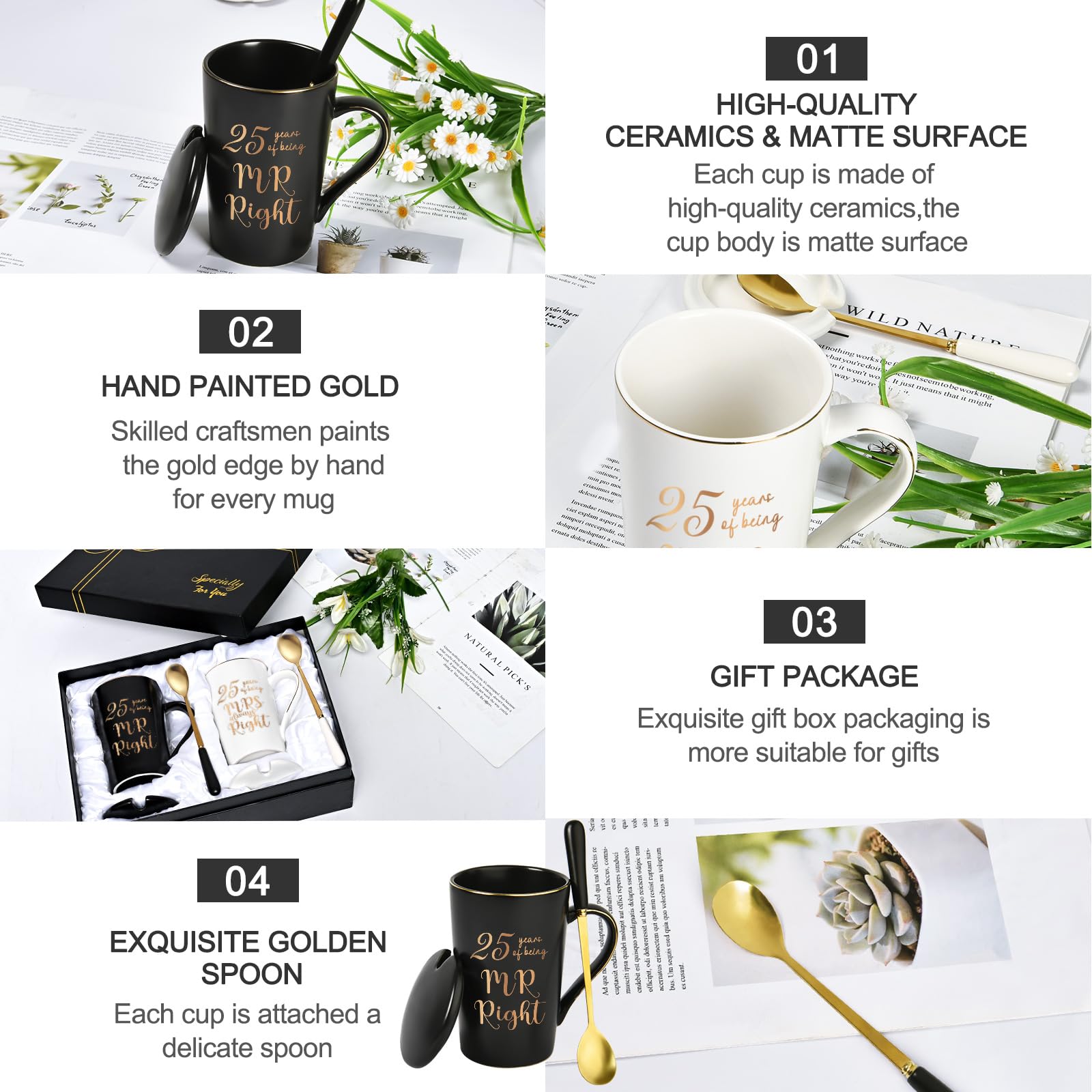 YHRJWN 25th Anniversary Presents, 25th Wedding Anniversary Presents for Couple Parents, 25th Mr Right Mrs Always Right Coffee Mugs, His and Hers Gifts, 14 Oz with Lids, Spoons and Gift Box