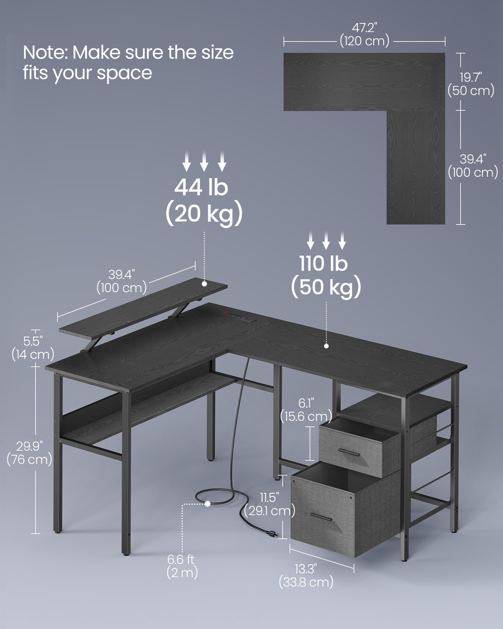 VASAGLE L-Shaped Desk with Power Outlets, Computer Desk with Monitor Stand, Corner Desk, Gaming Desk with LED Lights, 2 Drawers, Easy to Assemble, for Home Office, Ebony Black ULWD095B56