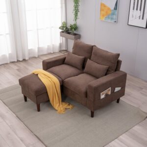 panana 54.5" wide sofa loveseat with ottoman, compact 2 seater couch for small speace living room (brown linen, track arm with storage side pockets)