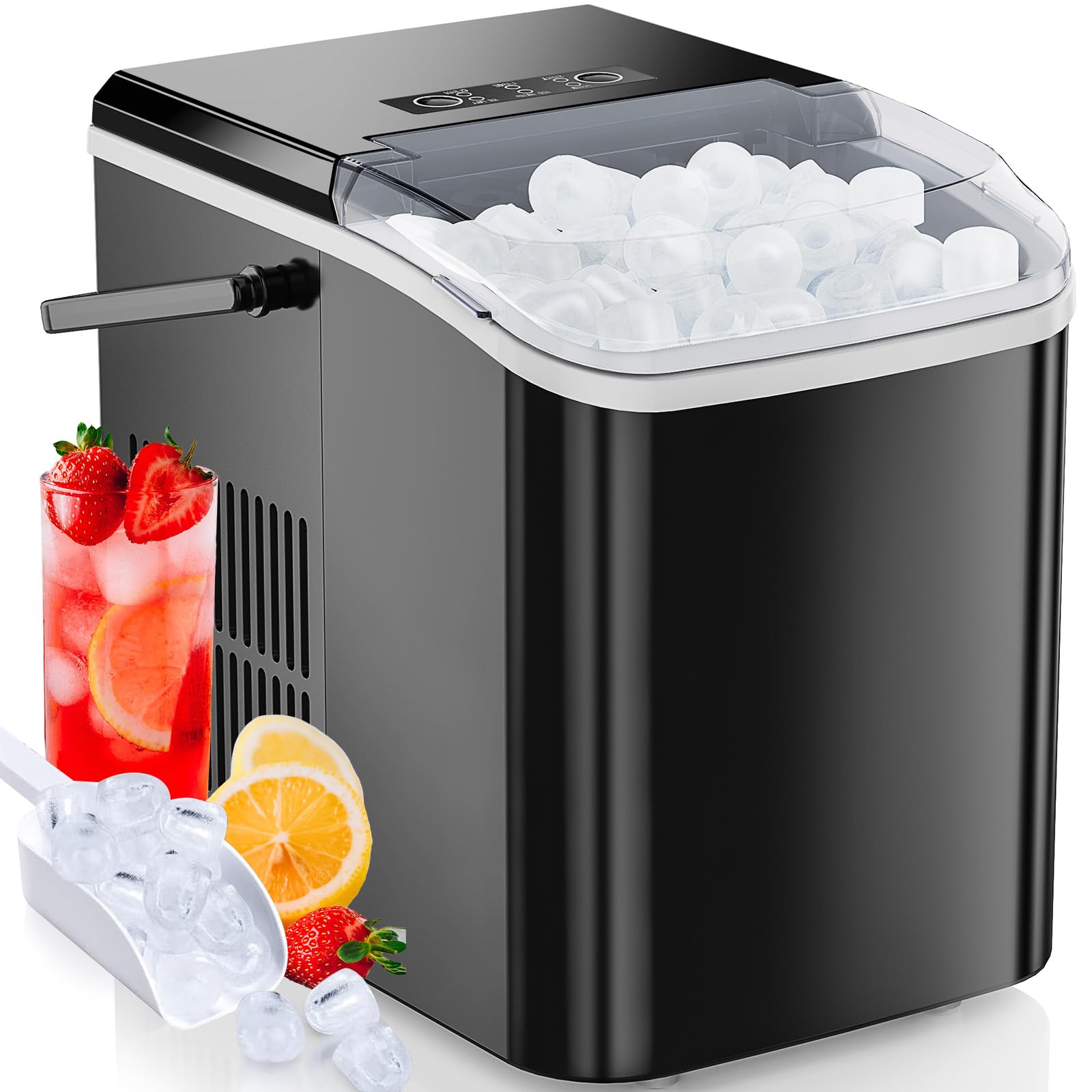 Sweetcrispy Ice Maker Countertop, Portable Ice Machine Self-Cleaning with Handle, Ice Scoop and Basket, 9 Cubes in 6 Mins, 26.5lbs/24Hrs, 2 Sizes of Bullet Ice for Kitchen Office Party, Black