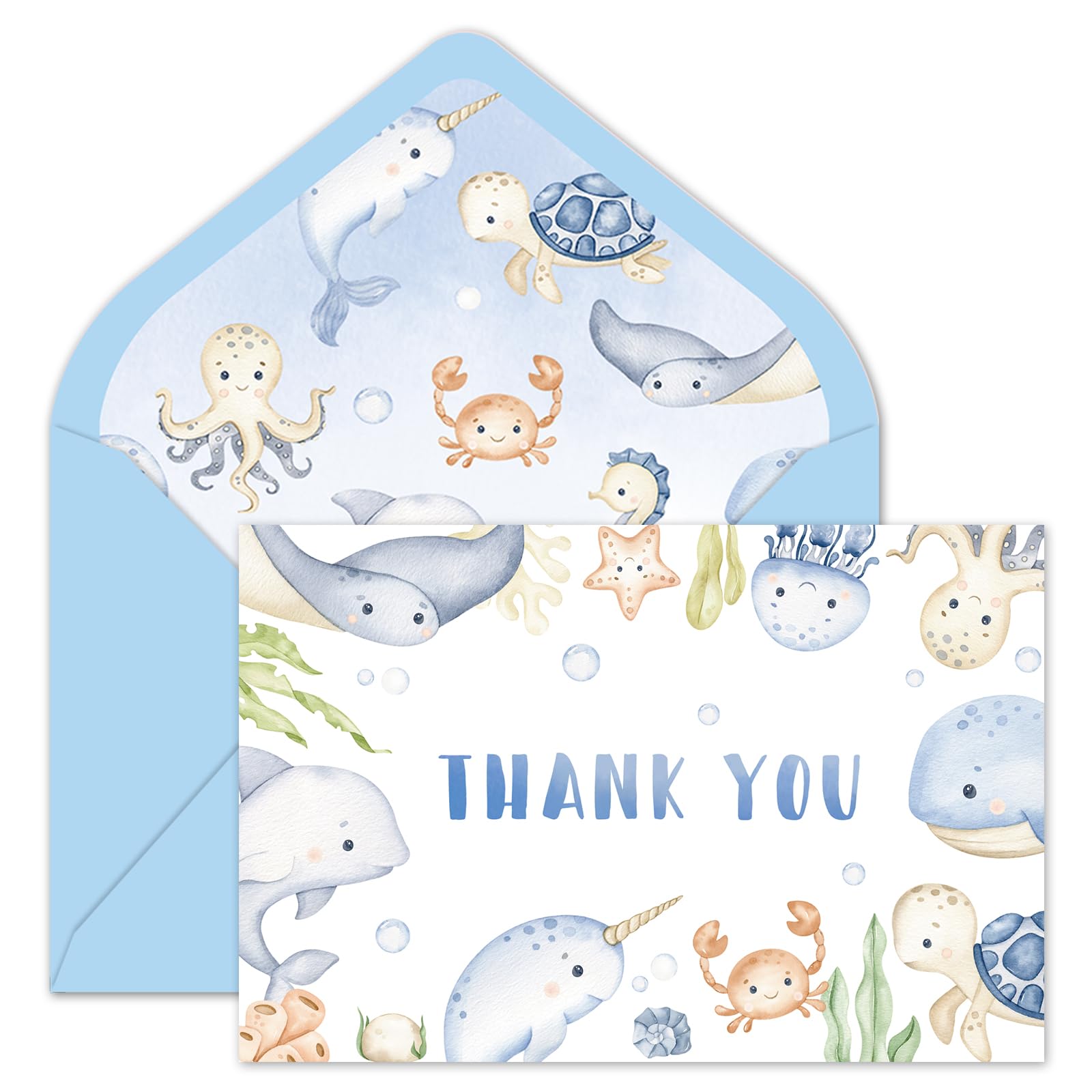 Whaline 24Pcs Under the Sea Thank You Cards Watercolor Marine Animals Theme Greeting Cards with Envelope Stickers Cartoon Blank Note Cards for Birthday Wedding Baby Shower, 4 x 6 Inch