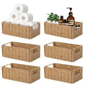 toilet paper basket, airsnigi 6 pack wicker storage basket paper rope wicker baskets with handles, small wicker storage baskets for organizing shelves - beige