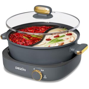 dezin hot pot electric with divider, 4l electric shabu shabu with dual-flavor pot,3.7" depth nonstick dual side electric pot with multi-power control for party, family and friend gathering