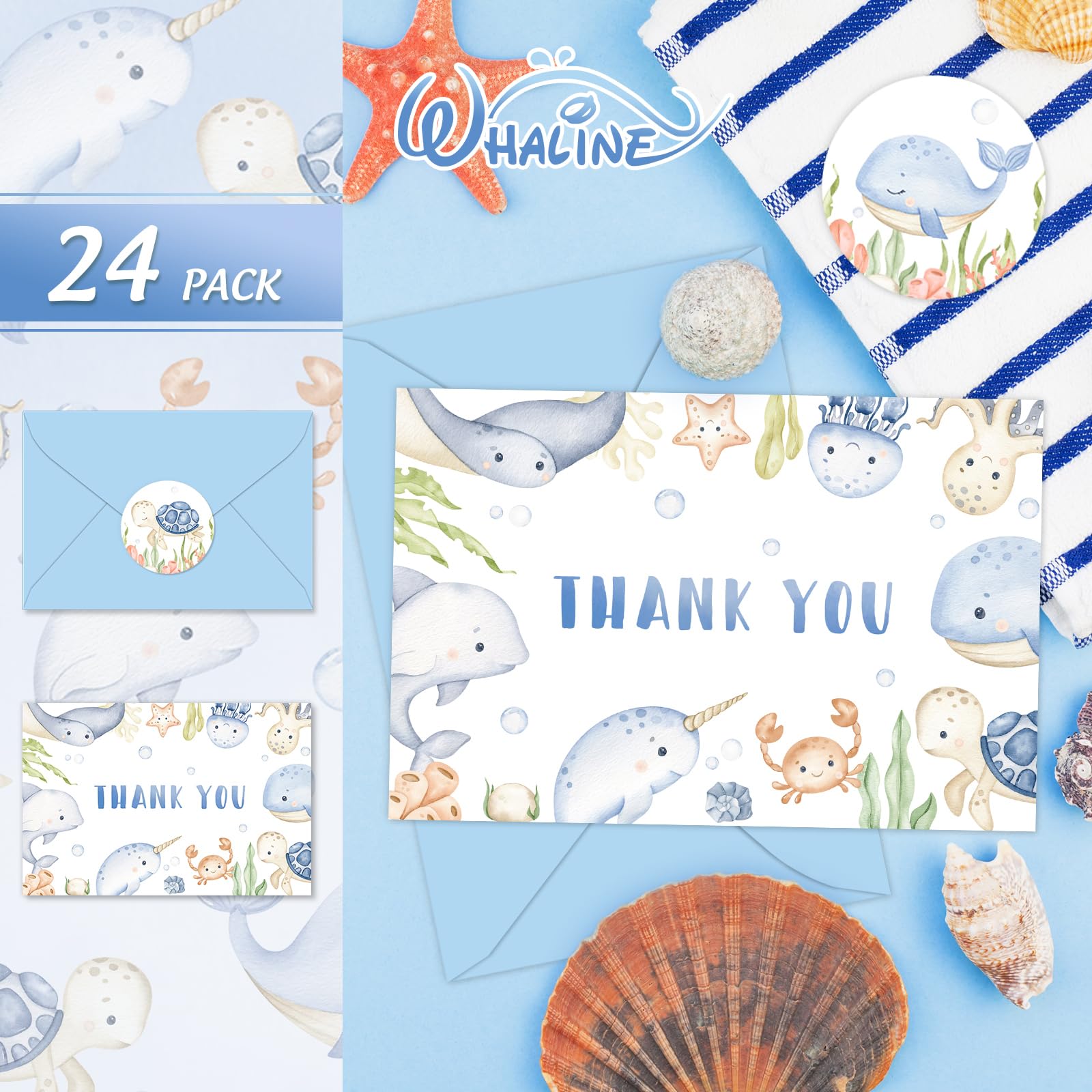 Whaline 24Pcs Under the Sea Thank You Cards Watercolor Marine Animals Theme Greeting Cards with Envelope Stickers Cartoon Blank Note Cards for Birthday Wedding Baby Shower, 4 x 6 Inch