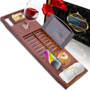 serenelife bathtub tray - expandable bath tray for tub, adjustable bamboo caddy with with non-slip handles, device holder and wine glass slot for bathing luxury (brown, soft back, gift set)