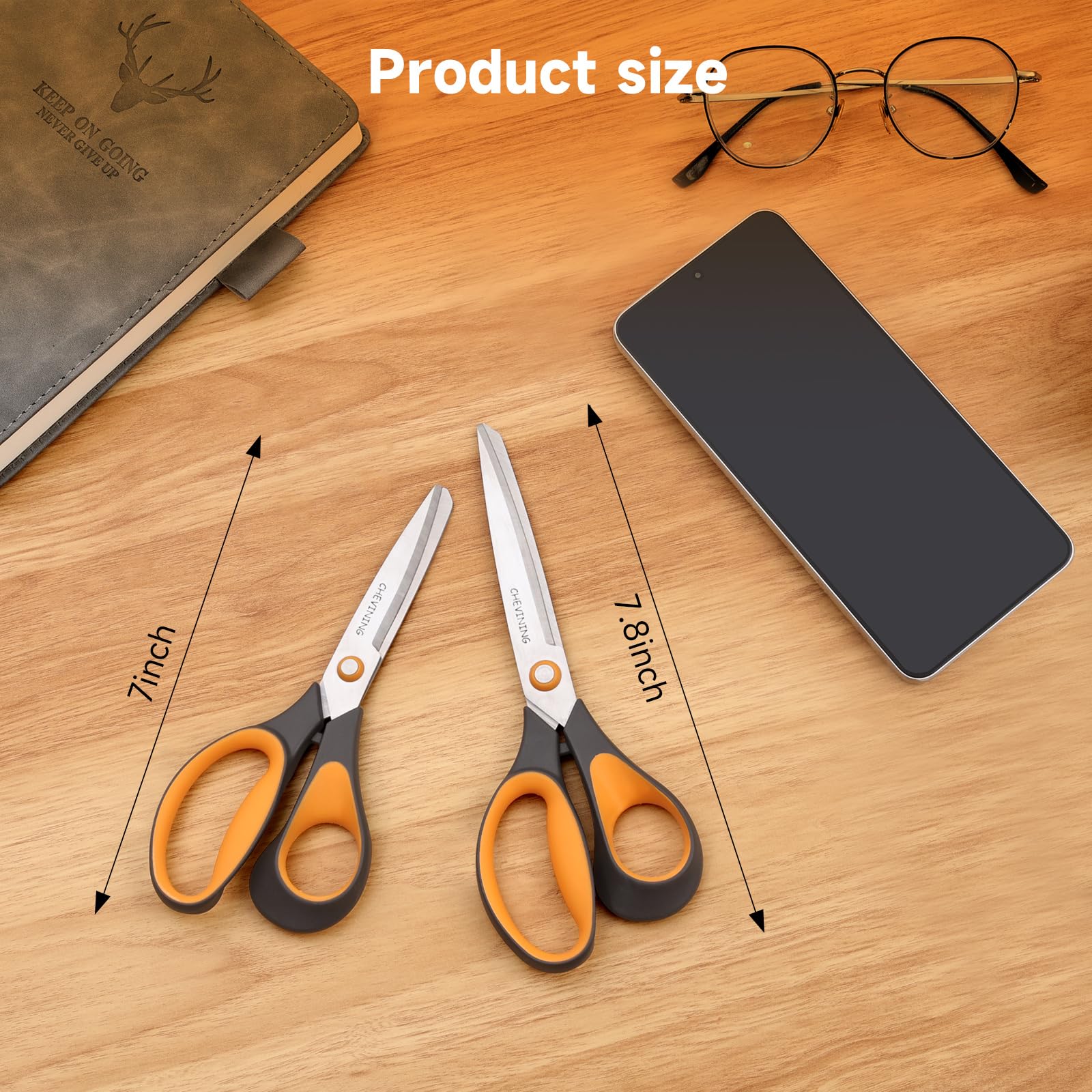 Chevining 7" 8" All Purpose Scissors Utility Scissors for Office Home Supplies,Crafting Scissors 2 Pack,Right Handed,Different Size