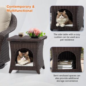 Gardenbee Patio End Table, Wicker Side Table and Cat Bed with A Cushion for Cats, Hand-Woven PE Wicker and Thick Cushion