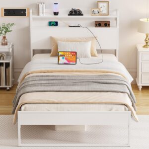 elephance twin bed frames with charging station and storage headboard, no box spring needed, noise free, easy assembly