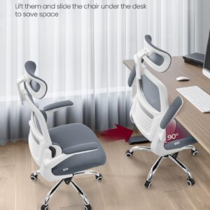 VASAGLE Office Chair, Ergonomic Design, Lumbar Support, High Back Desk Chair, Mesh Computer Chair, Foldable Armrests, Adjustable Headrest, Tilt Function, for Home Office, Dove Gray UOBN040G21