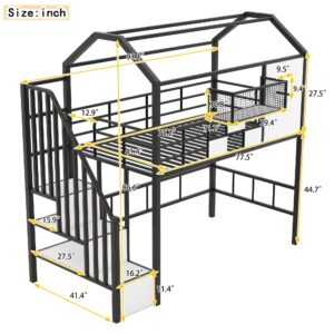 Kids Twin Low Loft Bed with Stairs, Metal Twin House Loft Bed with Storage Shelves, Roof & Safety Guardrail, Twin Low Loft Bed Frame for Kids, Teens, Girls & Boys (Black)