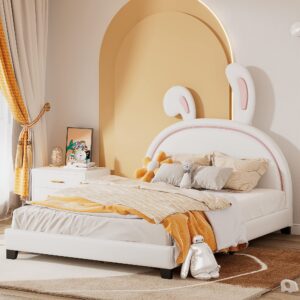 merax full size upholstered leather platform bed with bunny ears headboard, platform bed frame with rabbit ornament for kids, child's bedroom, no box spring needed, white