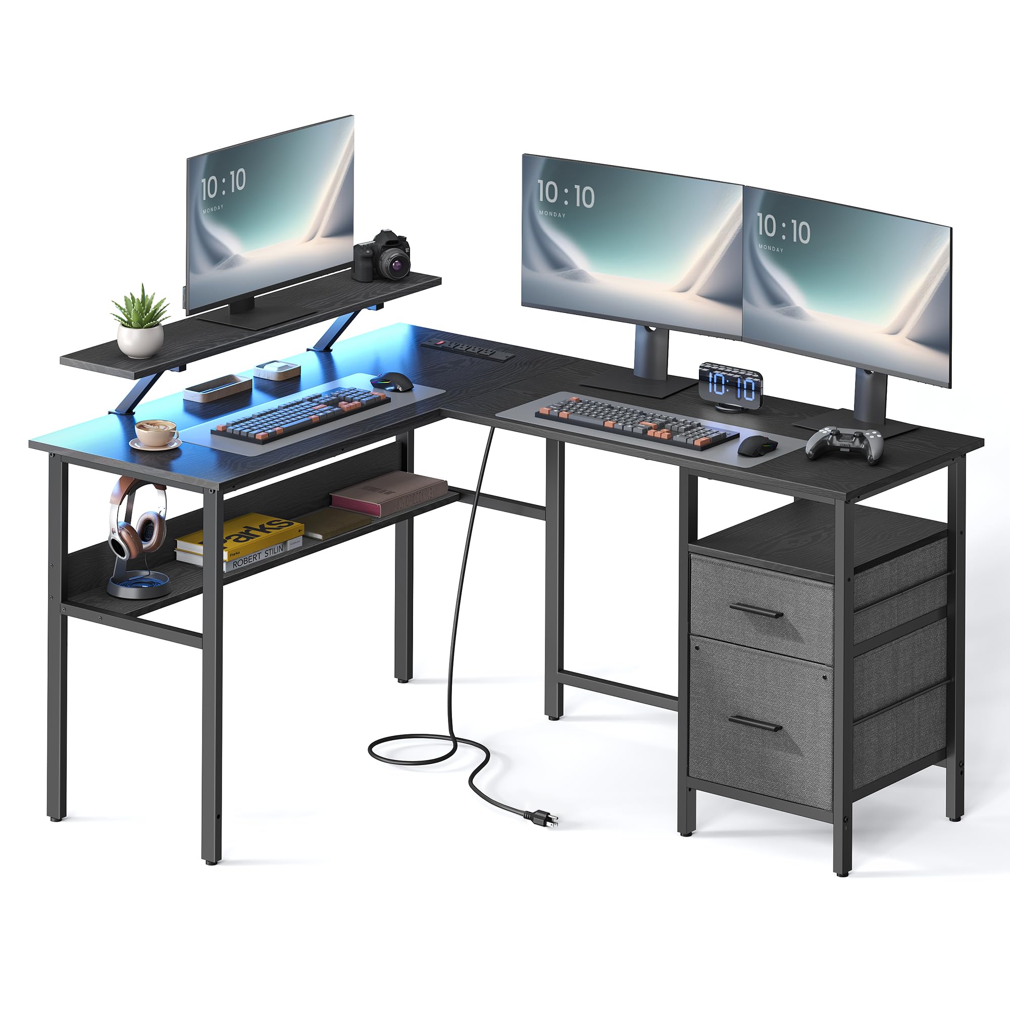 VASAGLE L-Shaped Desk with Power Outlets, Computer Desk with Monitor Stand, Corner Desk, Gaming Desk with LED Lights, 2 Drawers, Easy to Assemble, for Home Office, Ebony Black ULWD095B56