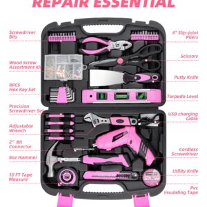 URASISTO Pink Household Tool Set with 3.6V USB Electric Screwdriver, 136 PCS Home Tool Kit with Cordless Lithium-ion Drill Driver, Hand Tool Kits for Women