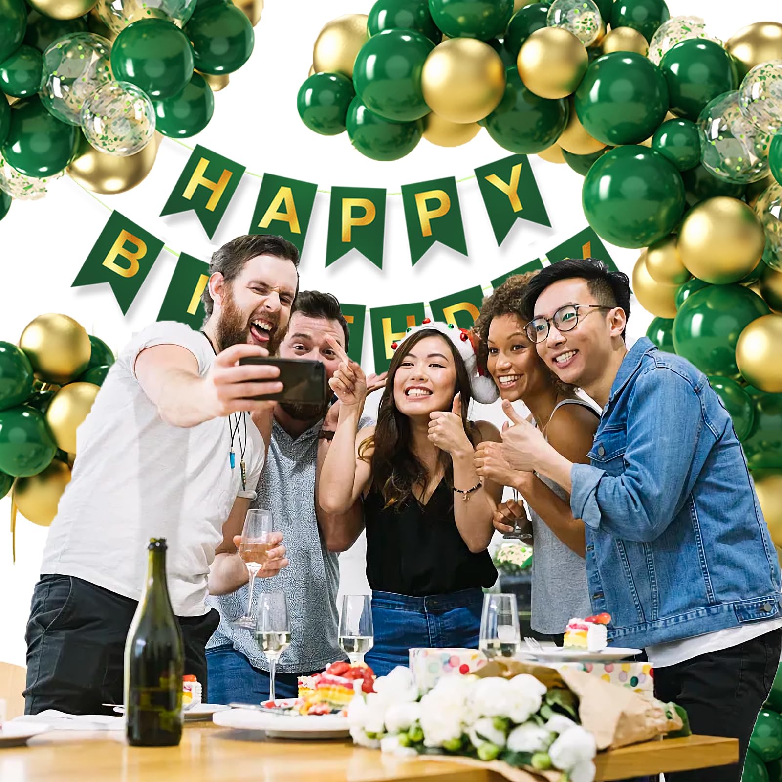 Green Gold Birthday Party Decorations 100pcs Hunter Gold Green Balloons Garland Arch Kit Pre-Strung Happy Birthday Banner for Boys Girls 16th 18th 30th 40th 50th for Men Women Jungle Party Supplies