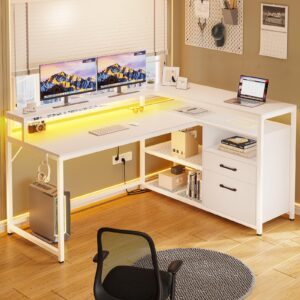 sedeta white computer desk with drawers, 55" home office desk with file drawer and storage shelves, l shaped gaming desk with led lights and monitor shelf