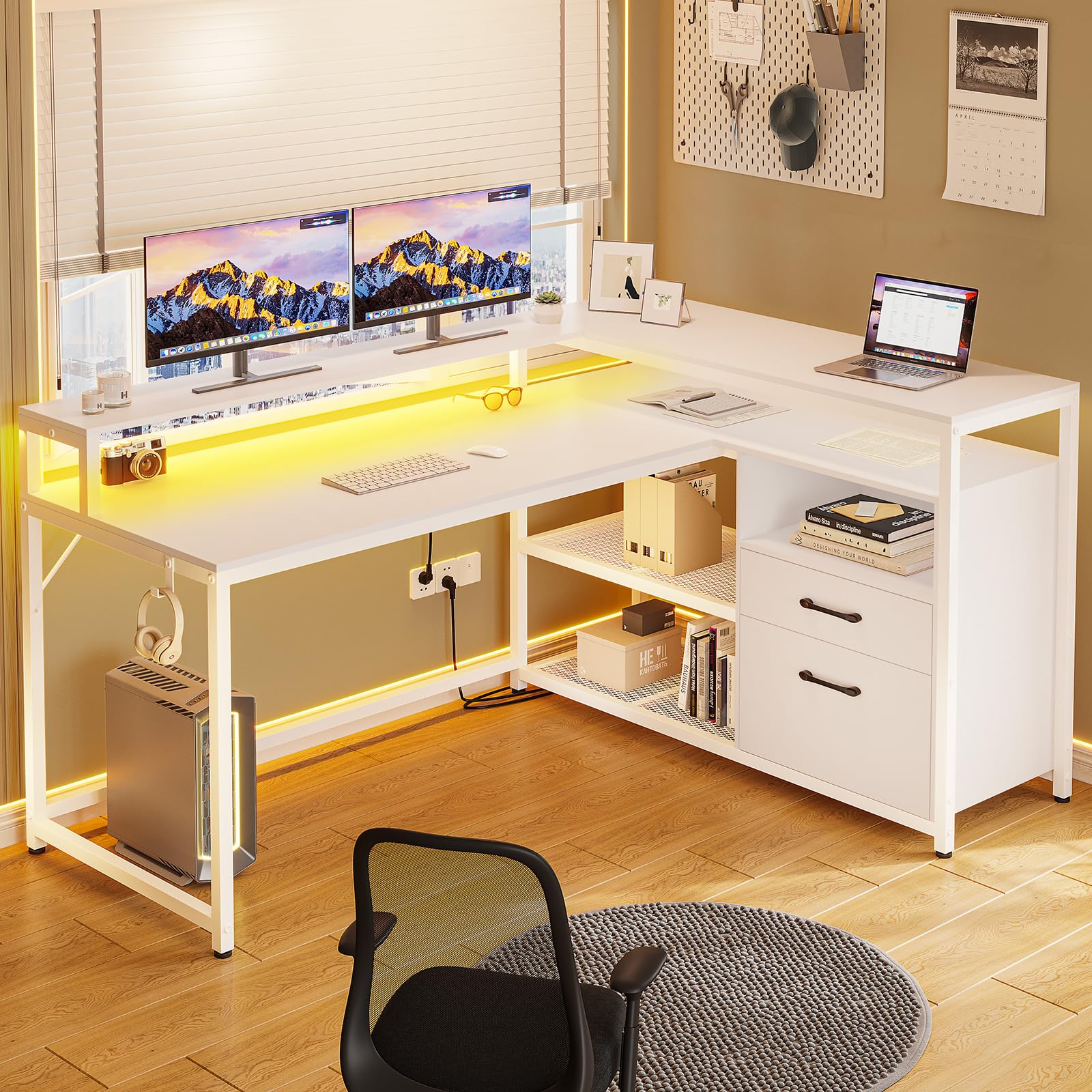 SEDETA White Computer Desk with Drawers, 55" Home Office Desk with File Drawer and Storage Shelves, L Shaped Gaming Desk with LED Lights and Monitor Shelf