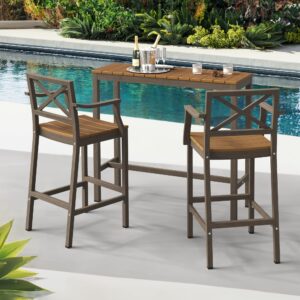 Cozyman Outdoor Bar Stools Set of 2, 26 Inch All Weather HDPS Patio Counter Height Barstools with Armrest & Footrest, Aluminum Bar Stool Chairs for Hot Tub, Balcony, Yard, Indoor Or Outdoor Use, Teak