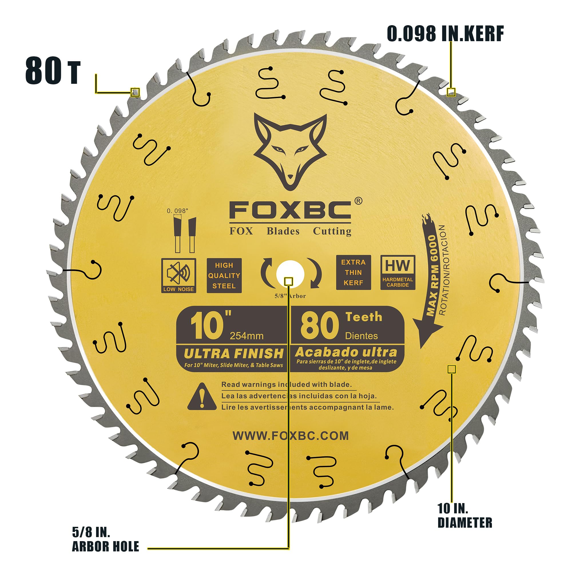 FOXBC 10-Inch Table Saw Blade, 80-Tooth, Ultra Finish Wood Cutting, 5/8-Inch Arbor