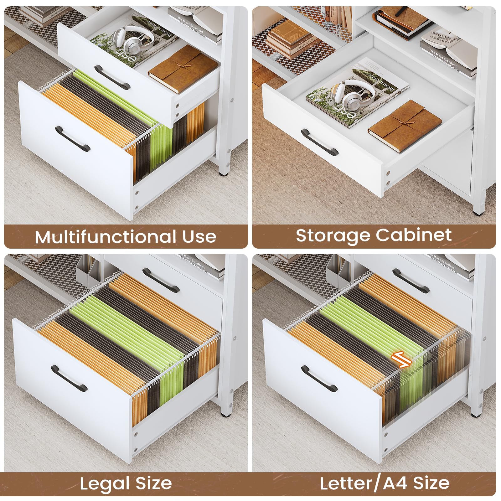 SEDETA White Computer Desk with Drawers, 55" Home Office Desk with File Drawer and Storage Shelves, L Shaped Gaming Desk with LED Lights and Monitor Shelf