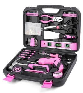 urasisto pink household tool set with 3.6v usb electric screwdriver, 136 pcs home tool kit with cordless lithium-ion drill driver, hand tool kits for women