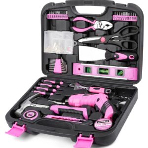 URASISTO Pink Household Tool Set with 3.6V USB Electric Screwdriver, 136 PCS Home Tool Kit with Cordless Lithium-ion Drill Driver, Hand Tool Kits for Women