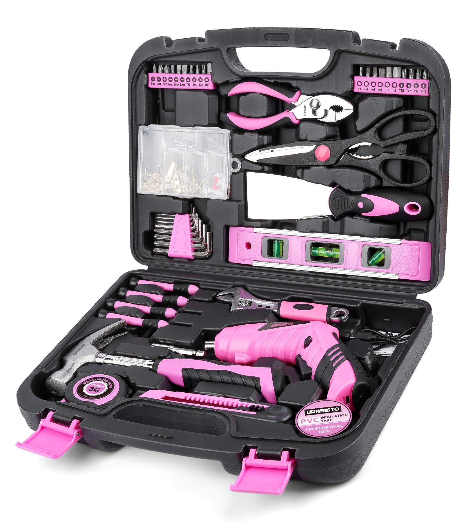 URASISTO Pink Household Tool Set with 3.6V USB Electric Screwdriver, 136 PCS Home Tool Kit with Cordless Lithium-ion Drill Driver, Hand Tool Kits for Women