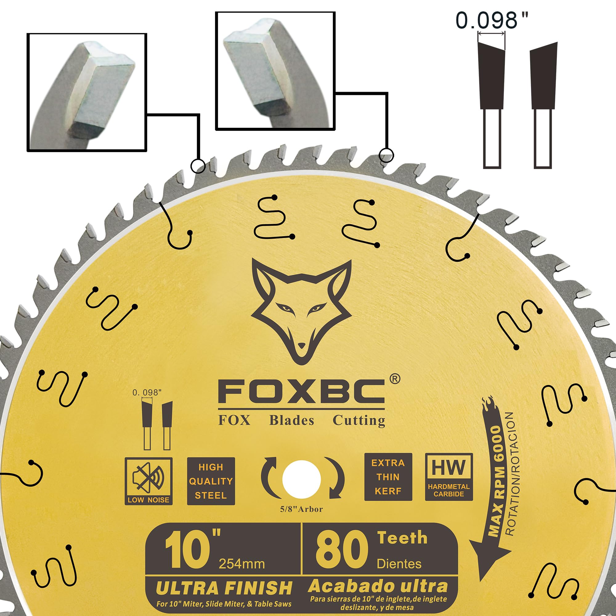 FOXBC 10-Inch Table Saw Blade, 80-Tooth, Ultra Finish Wood Cutting, 5/8-Inch Arbor