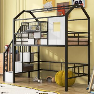 Kids Twin Low Loft Bed with Stairs, Metal Twin House Loft Bed with Storage Shelves, Roof & Safety Guardrail, Twin Low Loft Bed Frame for Kids, Teens, Girls & Boys (Black)