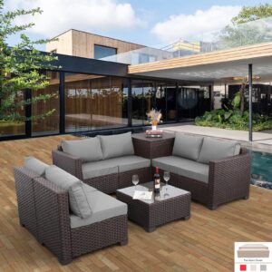 wicker patio furniture 6 pieces outdoor sectional sofa patio conversation sets patio loveseat outdoor sofa with patio storage box and non-slip grey cushions