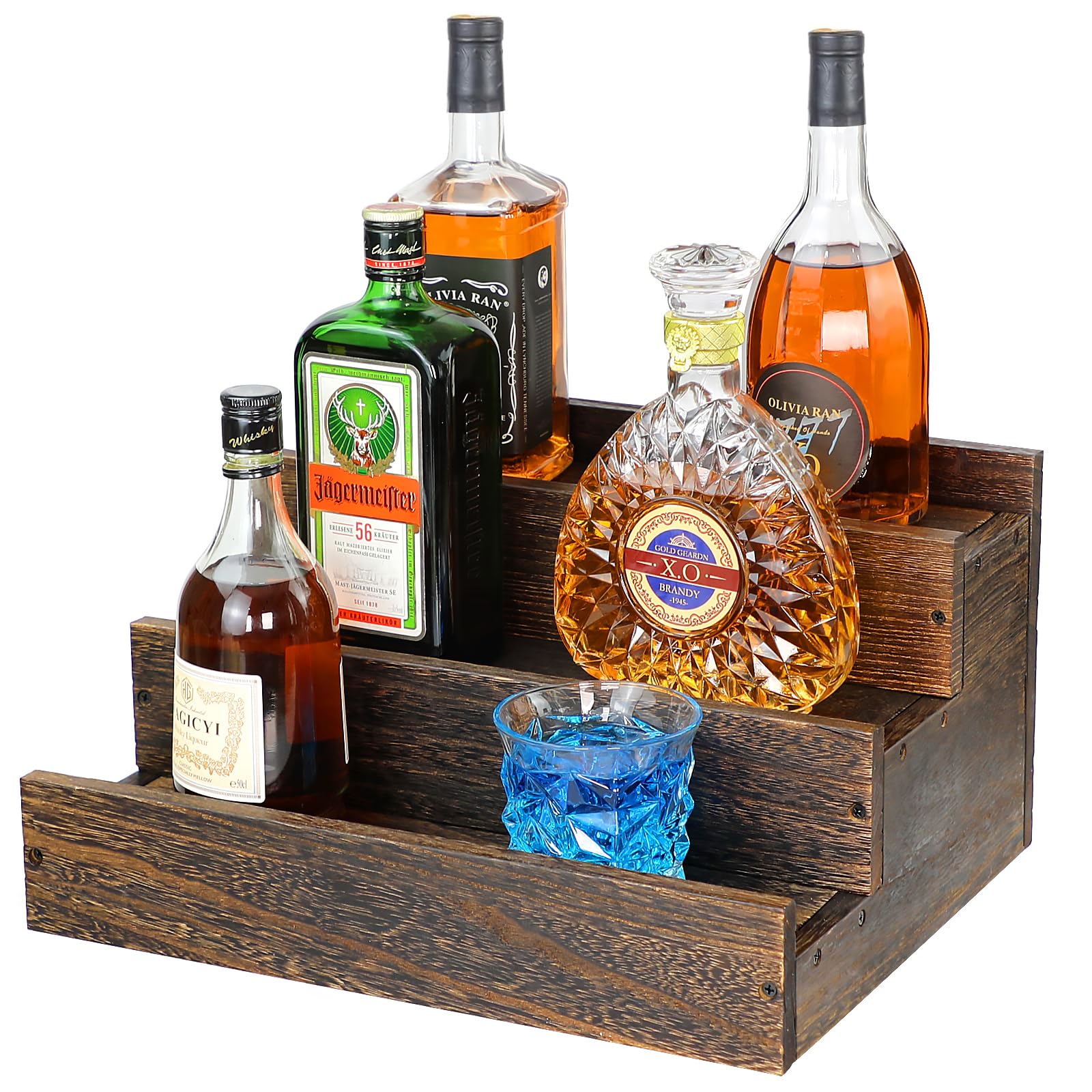 ERTIUANIO 3 Step Real Wood Countertop Liquor Bottle Display Shelf, 12 Bottle Freestanding Bar Shelves with Fences, Home Retro Wine Rack Storage Organizer, Whiskey Coffee Syrup Display Stand