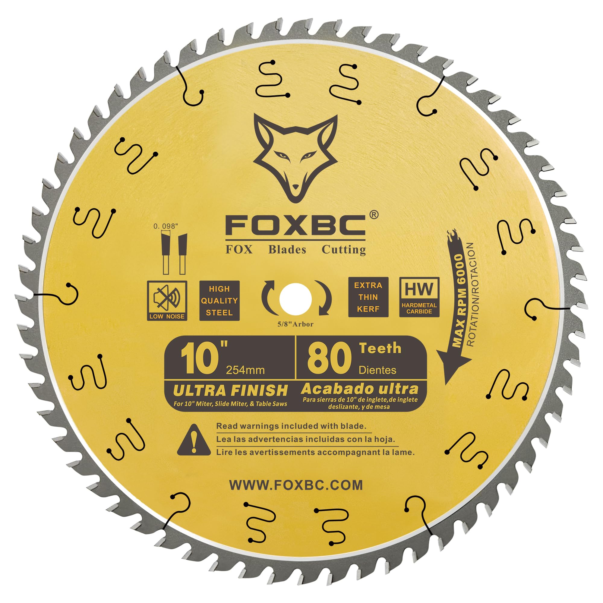 FOXBC 10-Inch Table Saw Blade, 80-Tooth, Ultra Finish Wood Cutting, 5/8-Inch Arbor