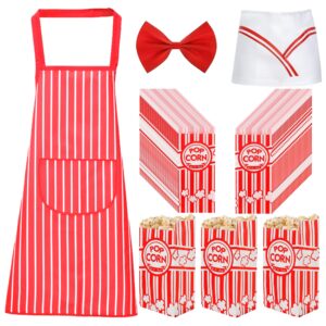 menjito 200 pieces paper popcorn bags and popcorn red white striped apron with chef hat and bow tie | 200 pcs food grade popcorn bags for movie night & birthday party